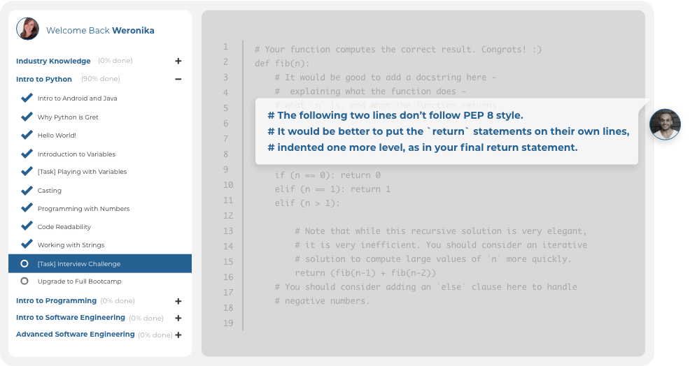 One on one human mentoring for code review